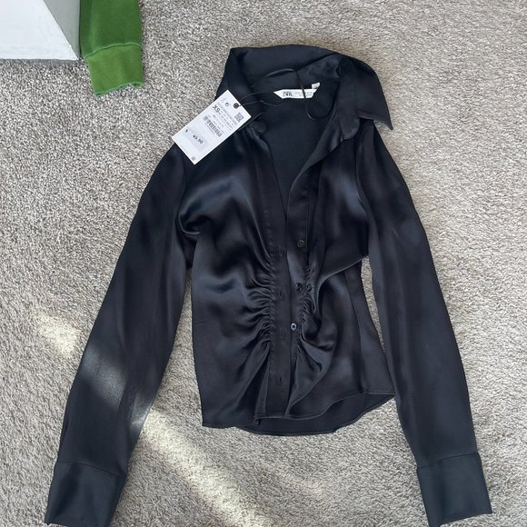 Zara | Tops | Zara Black Fitted Satin Effect Shirt | Poshmark